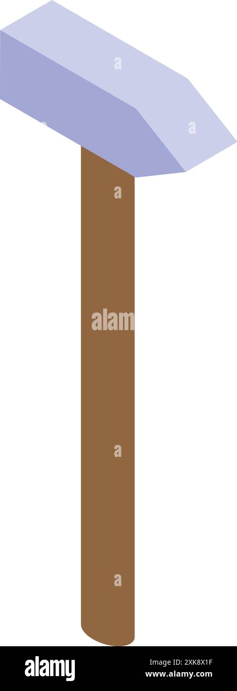Construction hammer with a wooden handle standing upright, in isometric ...