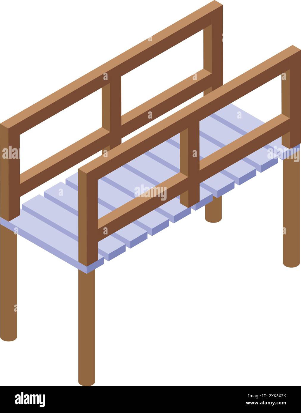 Isometric wooden bridge with railings connecting two sides standing on ...