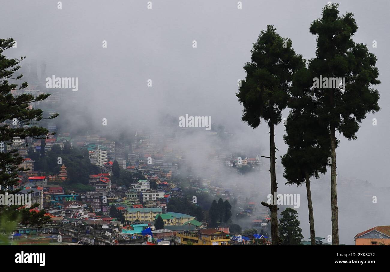 clouds are floating over beautiful darjeeling hill station in monsoon ...