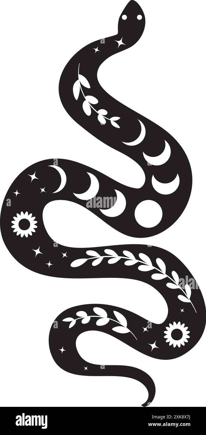 Twisted snake silhouette with leaves and flowers. Boho serpent with ...