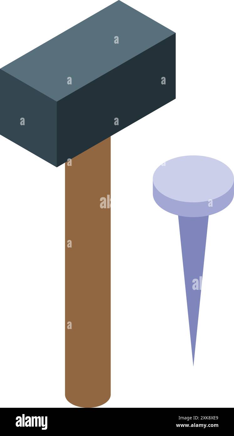 Sledge hammer standing near new metal nail isometric view isolated on ...