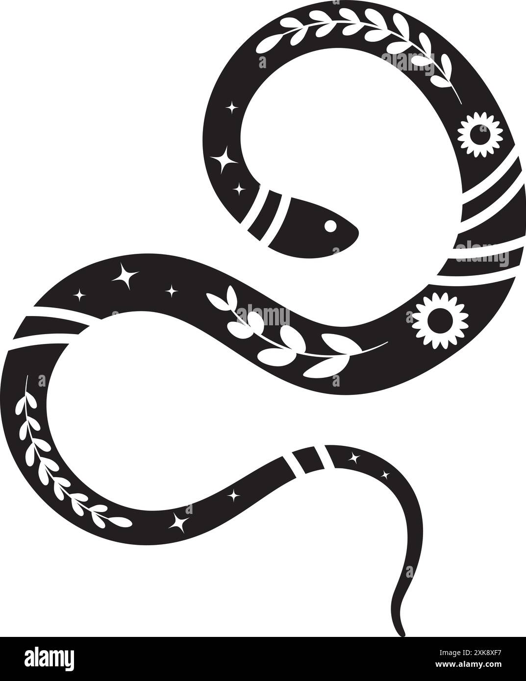 Twisted snake silhouette with leaves and flowers. Boho serpent with ...