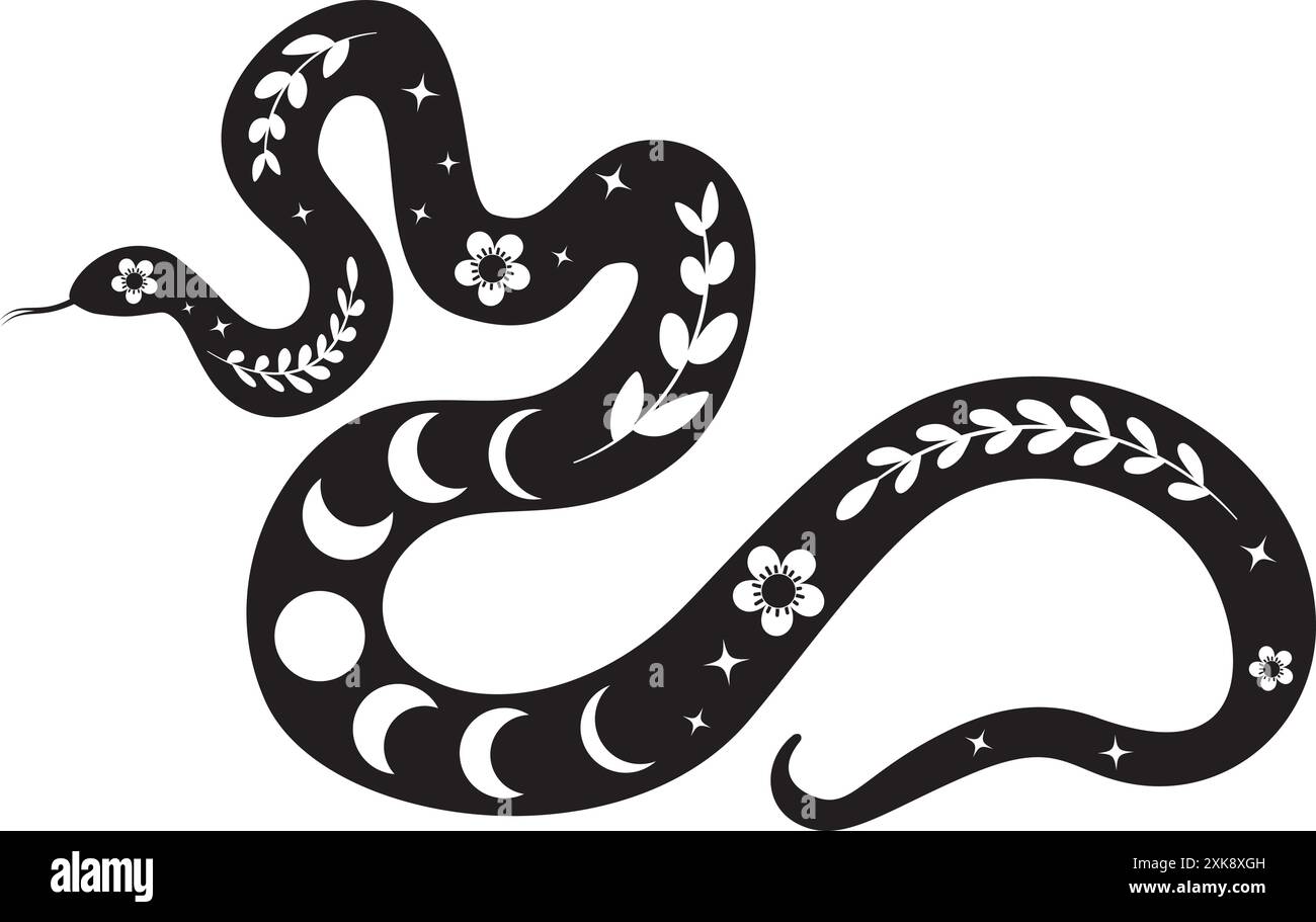 Twisted snake silhouette with leaves and flowers. Boho serpent with ...