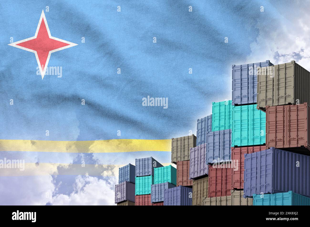 Aruba flag and big stack of shipping cargo containers in docks with sky ...