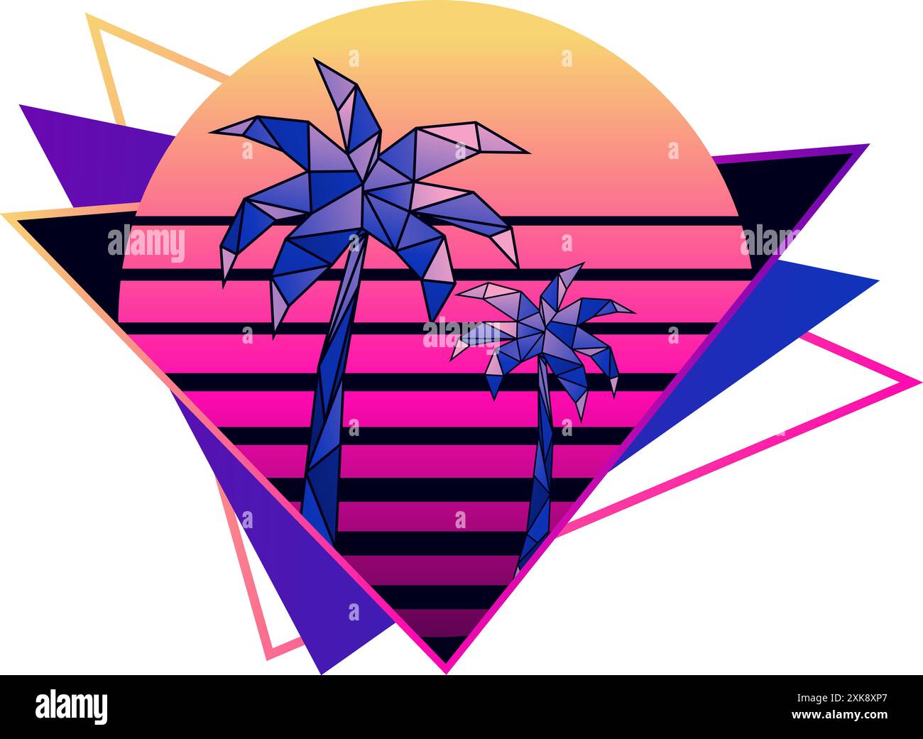 Abstract illustration of retrowave palm trees and sun in the neon ...