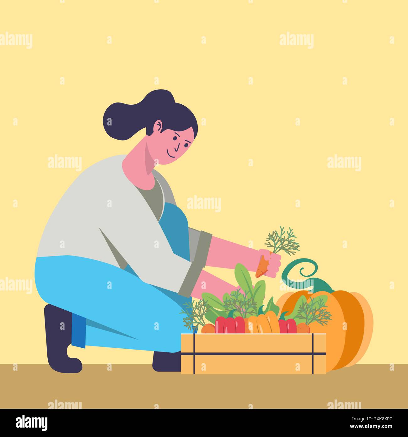 Character flat design female farmer harvesting crops. Happy cartoon ...