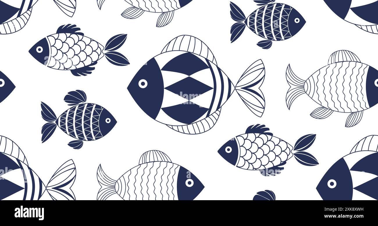 Decorative fishes illustration with simple patterns. Seamless pattern ...