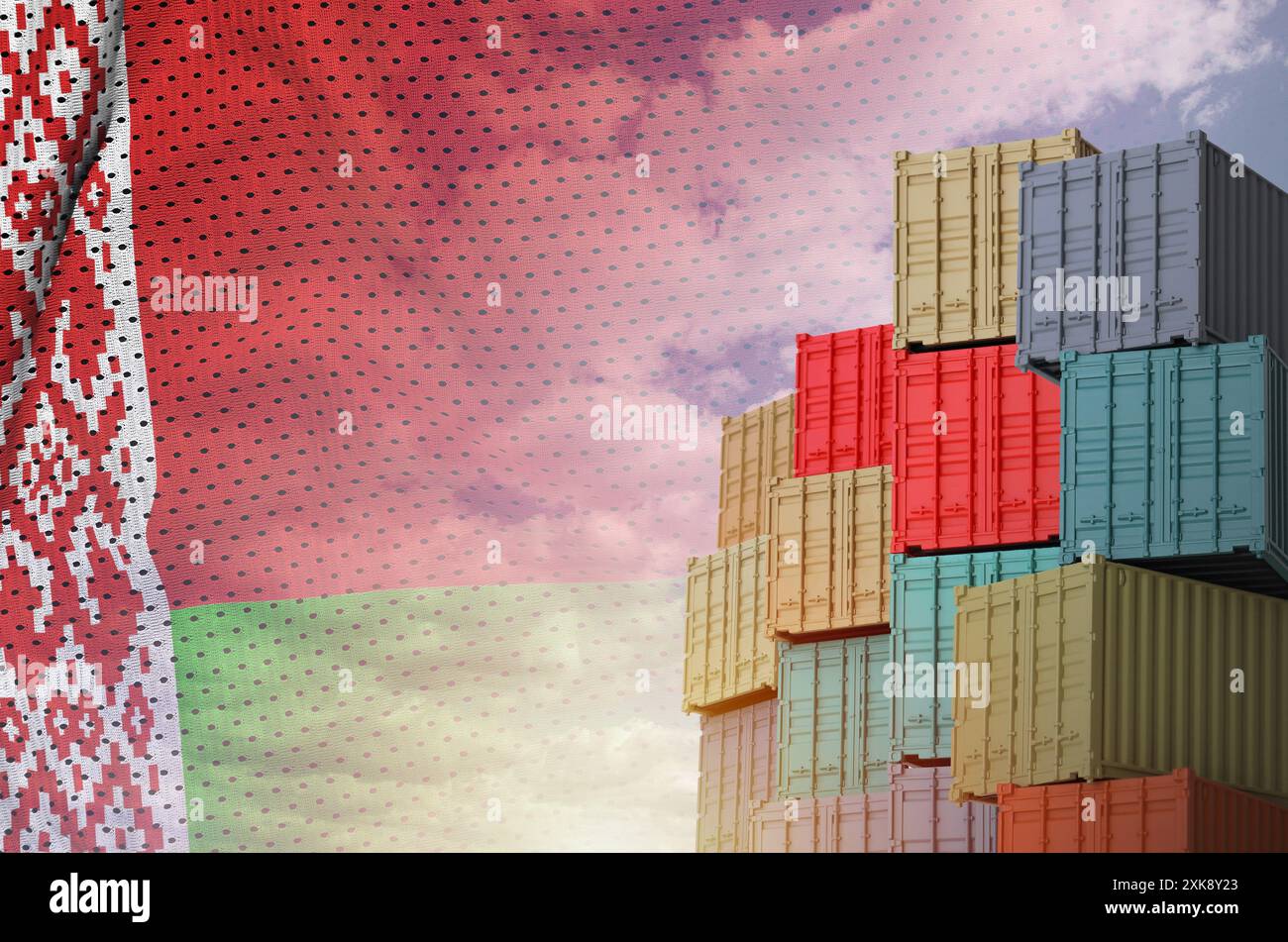 Belarus flag and big stack of shipping cargo containers in docks with ...