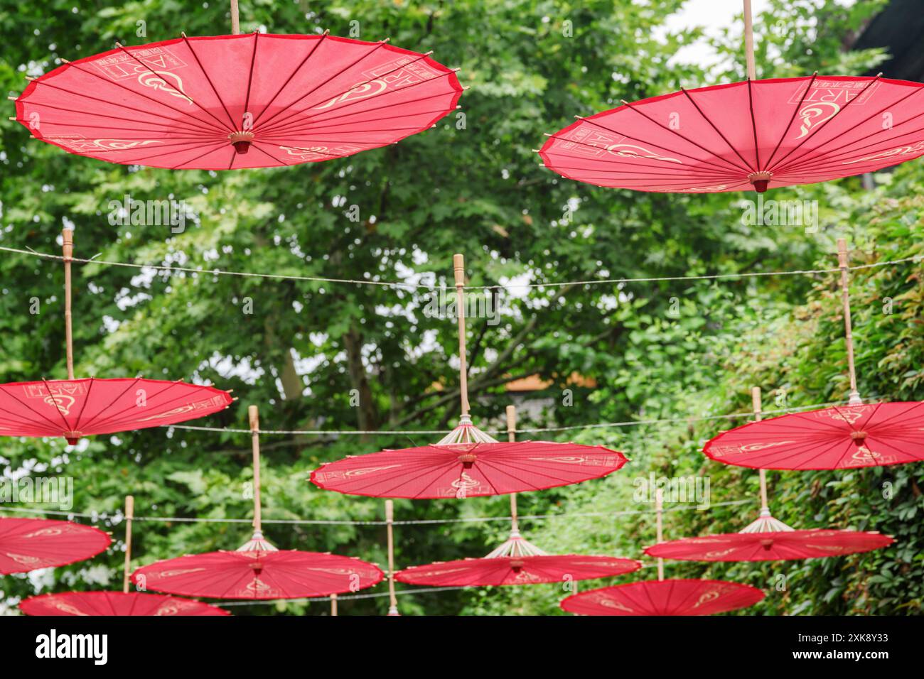 Traditional Chinese red umbrellas on green trees background Stock Photo ...