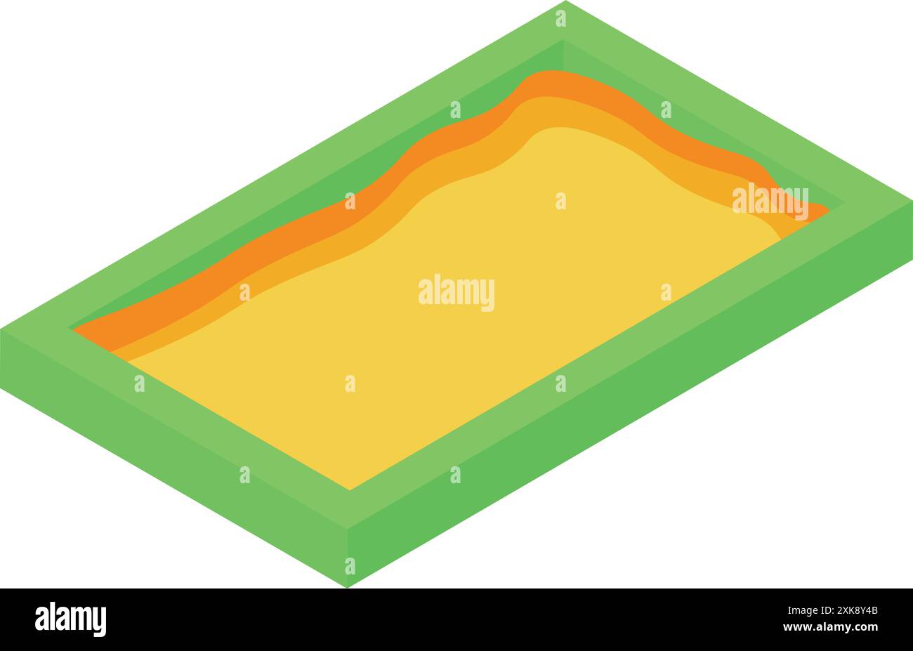 Isometric yellow sandbox with green border for children playing in the ...