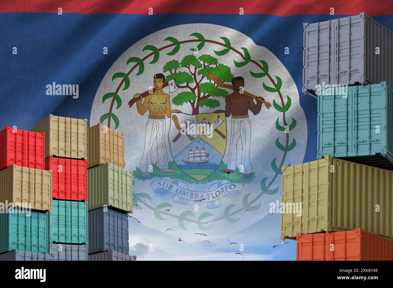 Belize flag and big stack of shipping cargo containers in docks with ...
