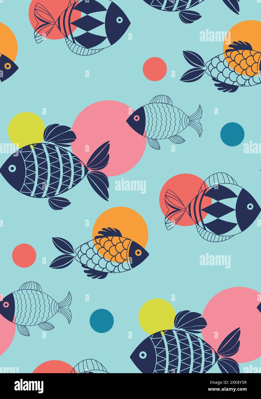 Decorative fishes illustration with simple patterns. Seamless pattern ...