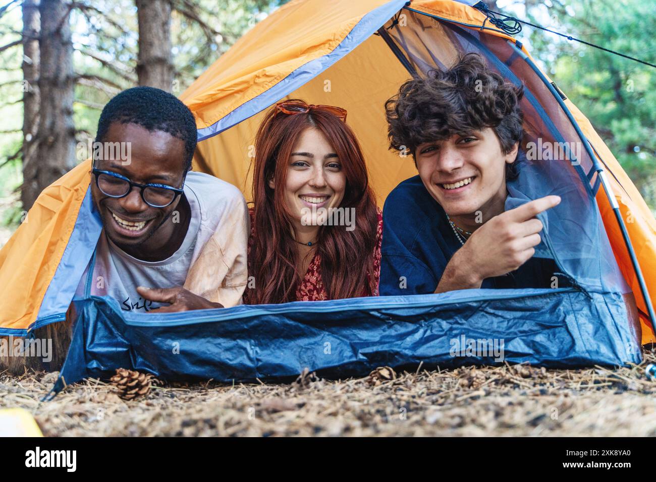 Group of diverse young friends enjoying summer camping trip, smiling ...