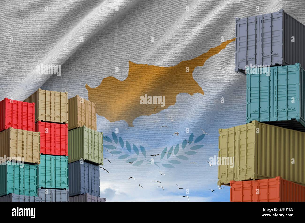 Cyprus flag and big stack of shipping cargo containers in docks with ...