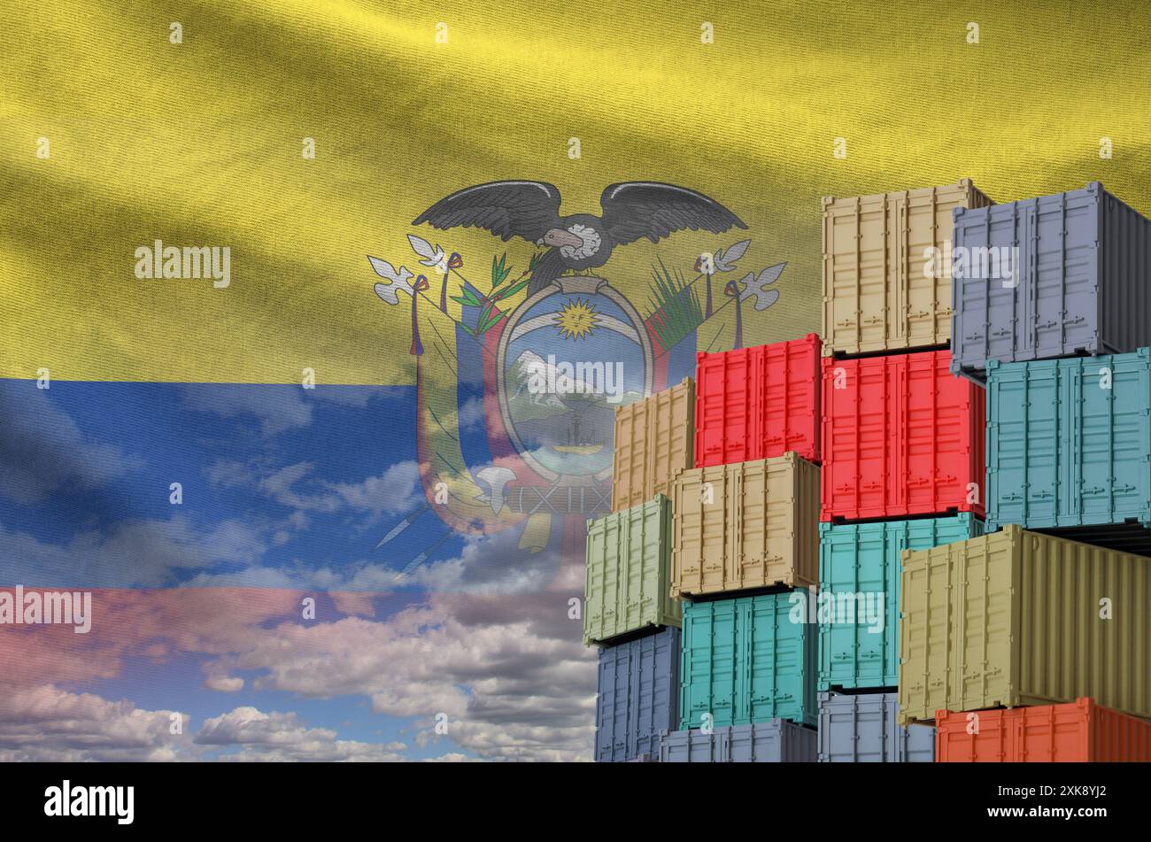 Ecuador flag and big stack of shipping cargo containers in docks with ...