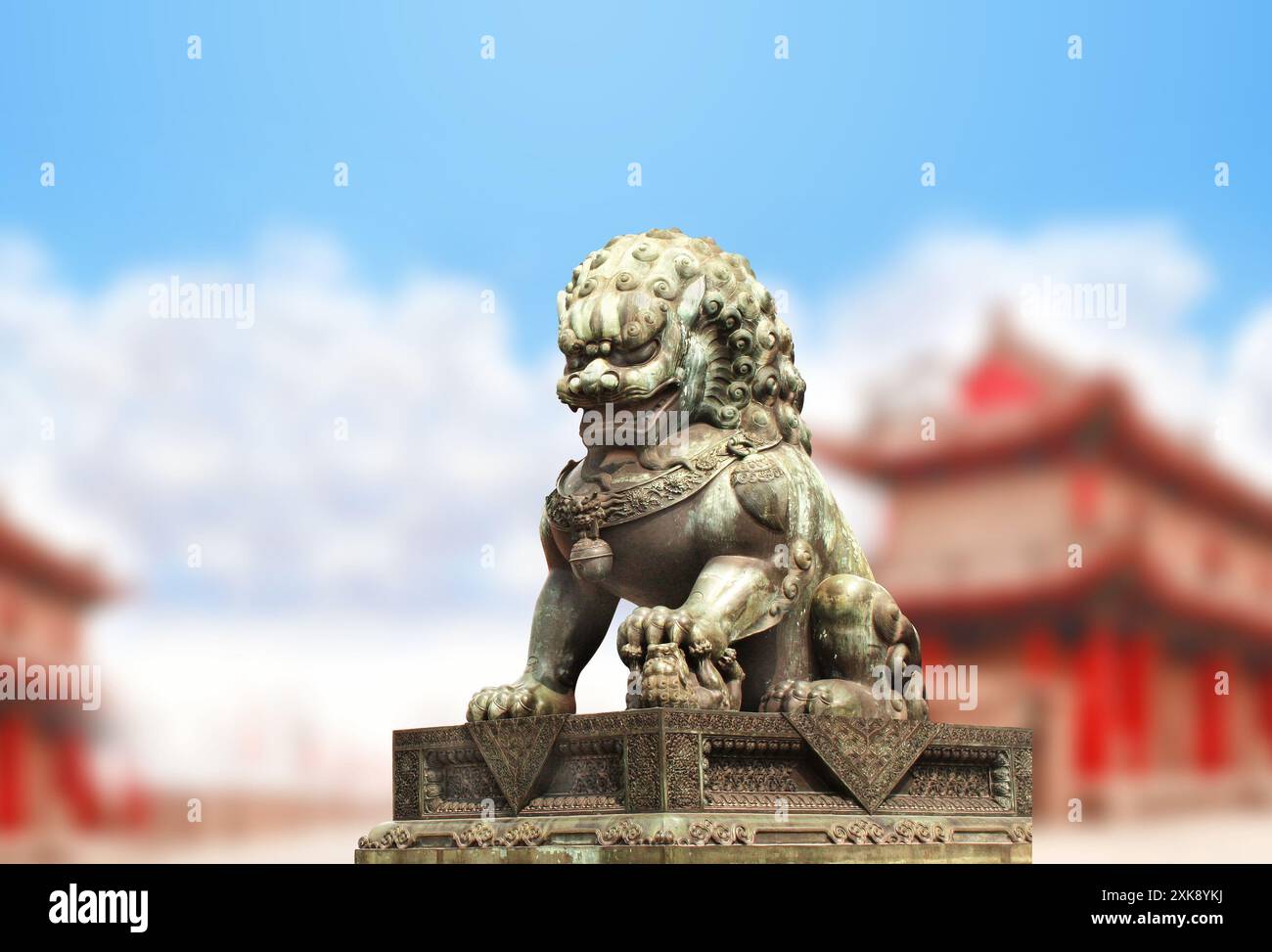 Horizontal background with ancient pavilions and lion statue in ...