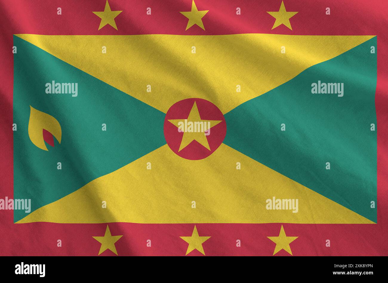 Grenada flag depicted on folded wavy fabric of old cloth close up Stock ...