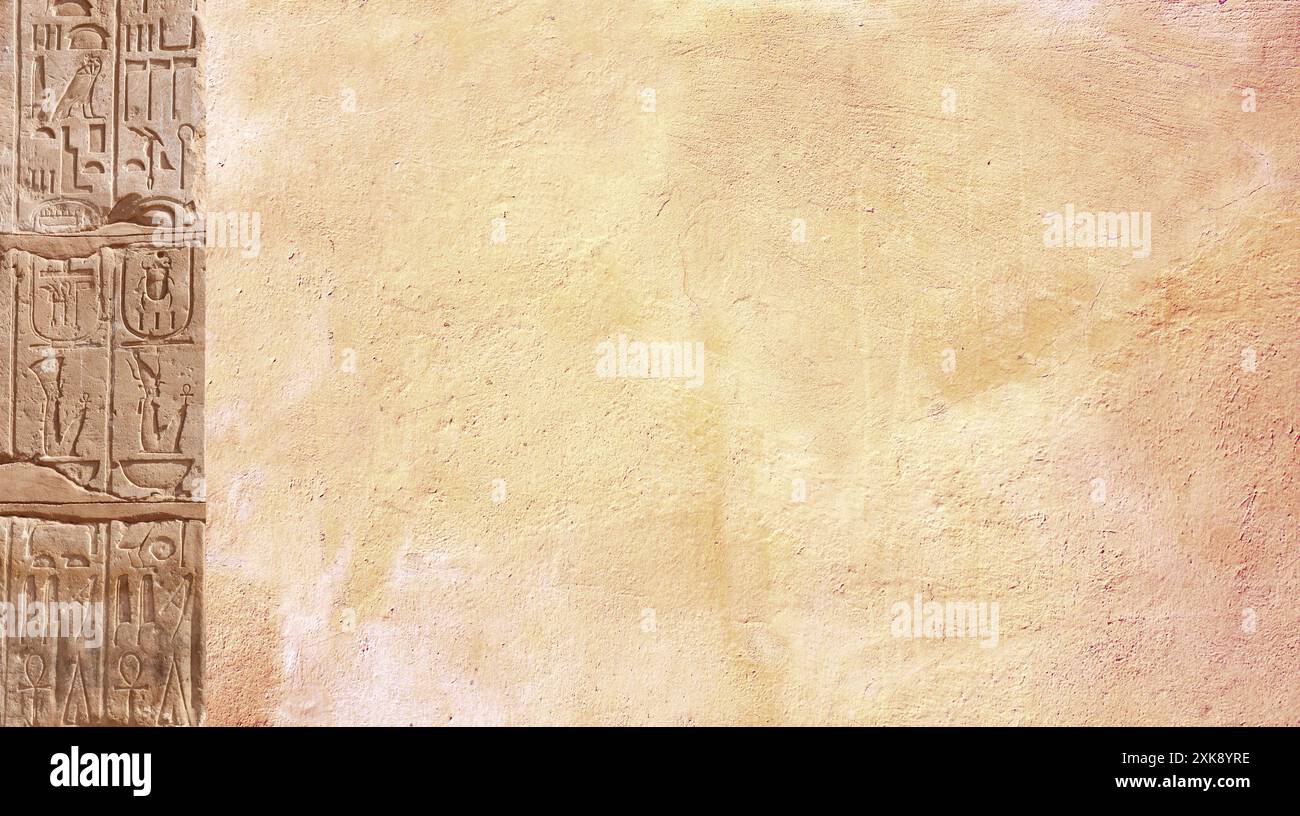 Horizontal background with ancient Egyptian hieroglyphs on stone wall ...
