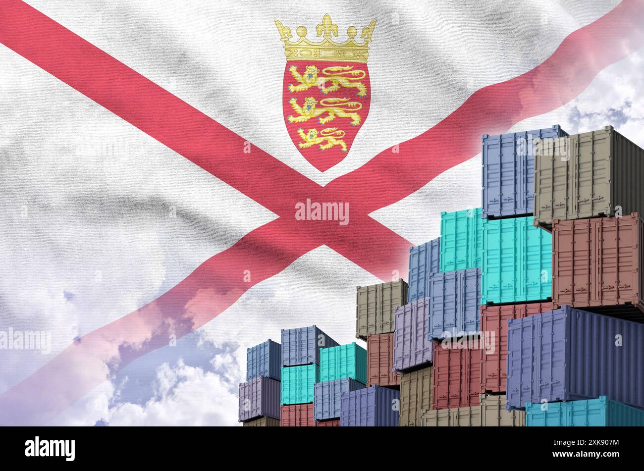 Jersey flag and big stack of shipping cargo containers in docks with ...