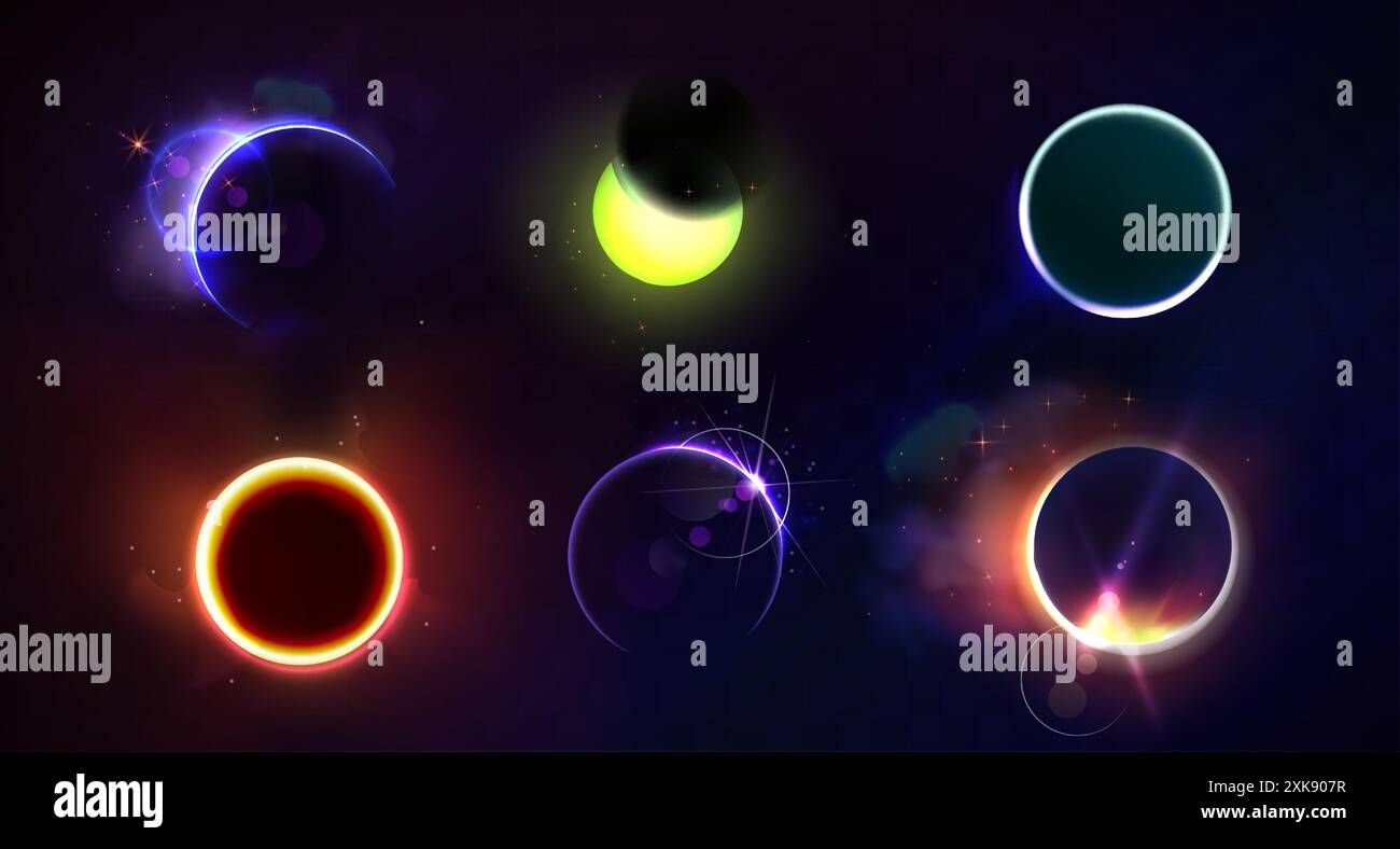 Total and partial solar eclipse with different neon glow colors on dark ...