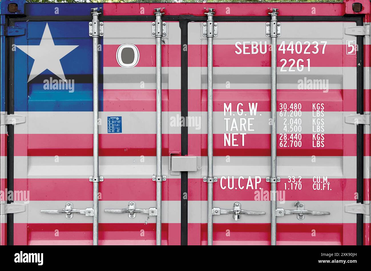 Liberia flag depicted on metal doors of shipping cargo container ...
