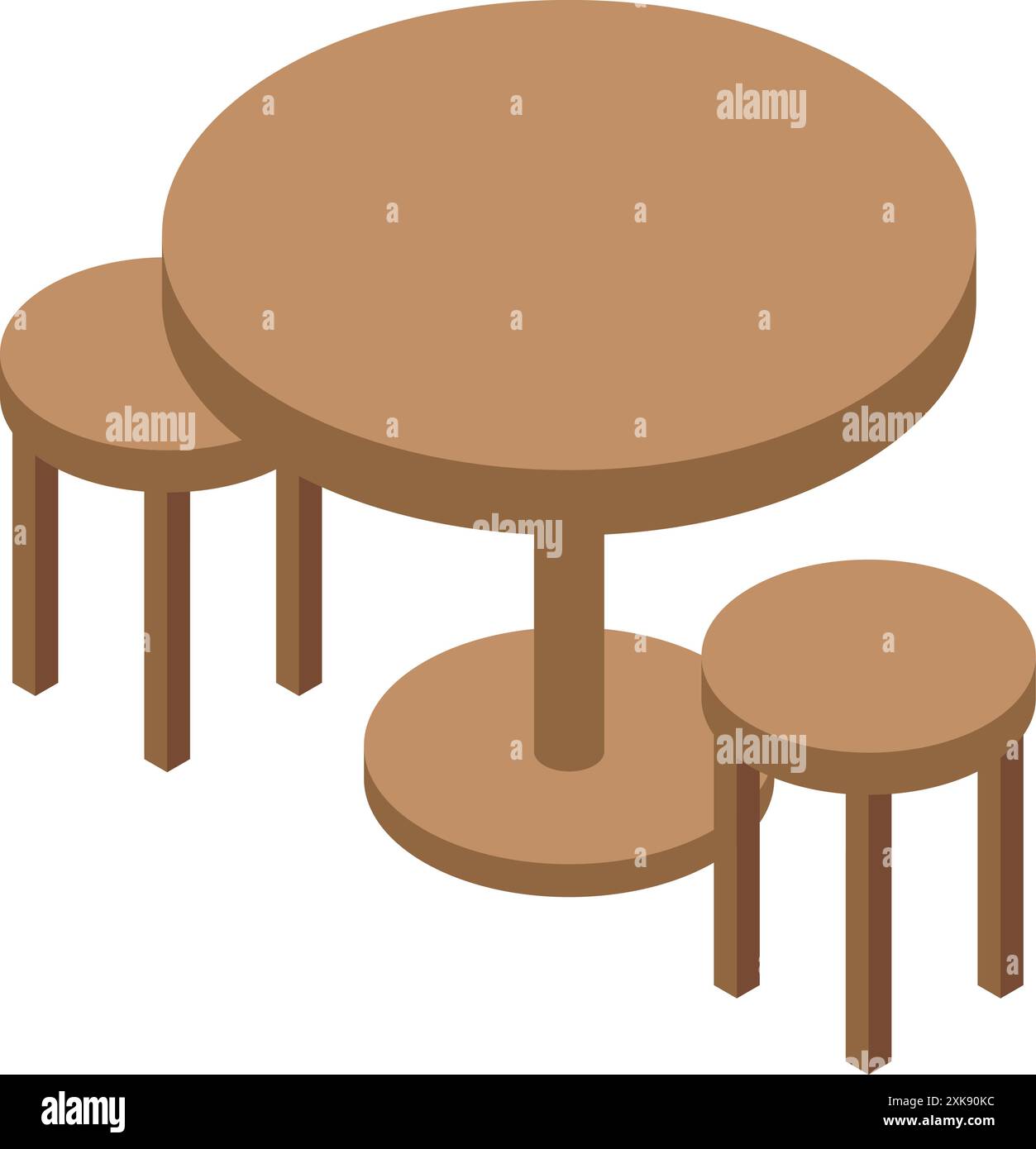 Round wooden table and stools set on a white background, isometric view ...