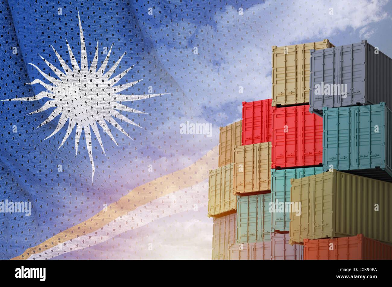 Marshall Islands flag and big stack of shipping cargo containers in docks with sky background ...