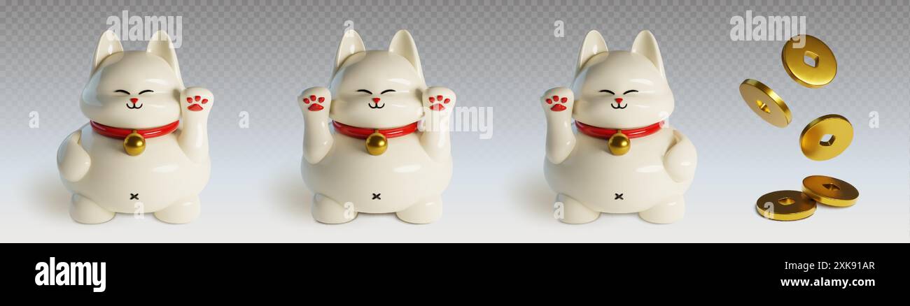 Maneki-neko lucky cats set isolated on transparent background. Vector realistic illustration of ...