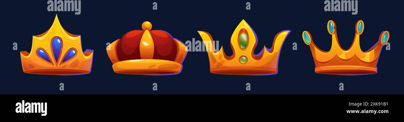 Golden crowns set isolated on black background. Vector cartoon ...