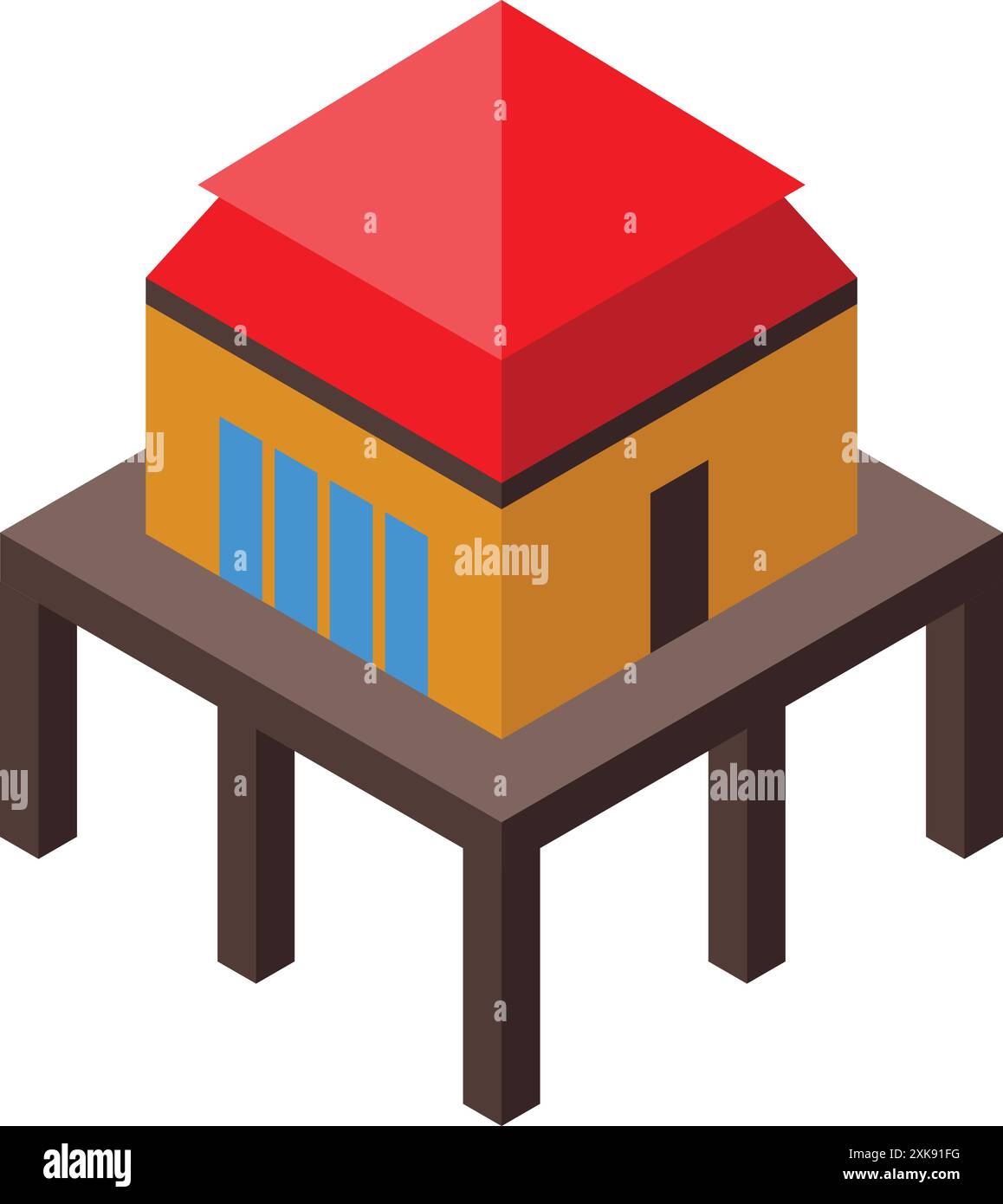 Isometric icon of a stilt house standing on legs for flood safety Stock ...