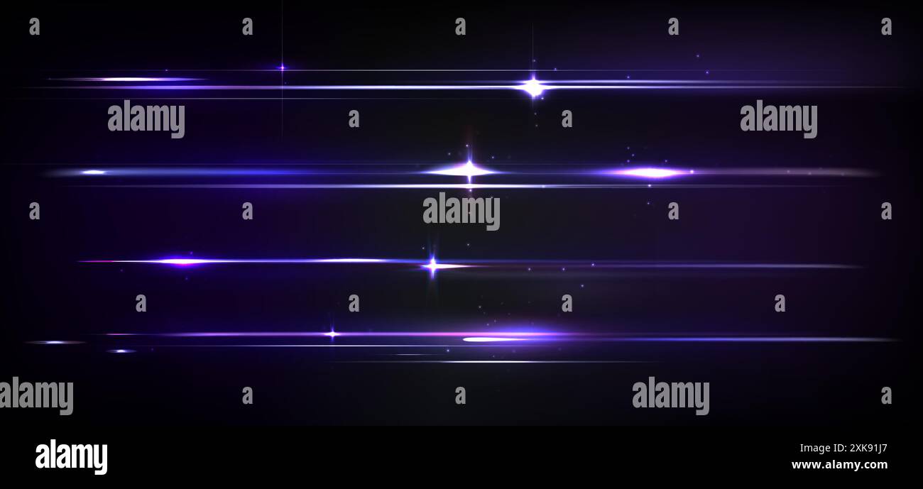 Blue and purple line with light flare on black background. Bright with ...