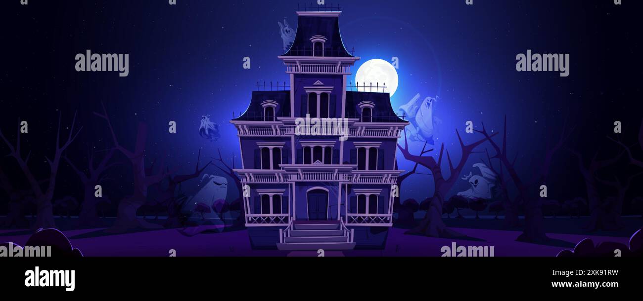 Halloween house and full moon at spooky night. Haunted castle or ...