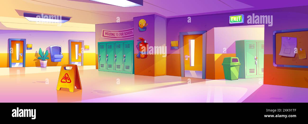 School corridor interior with furniture. Contemporary vector cartoon ...