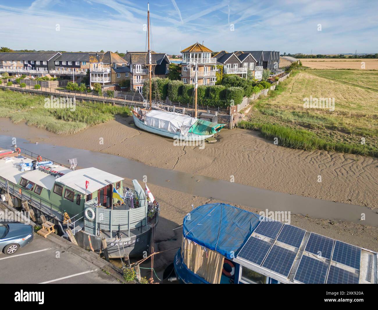 aerial view of boats and houseboats moored at the quay on faversham ...