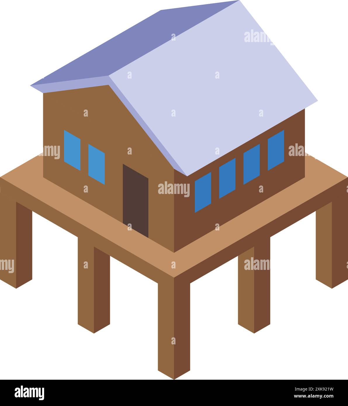 Isometric wooden stilt house standing on piles for flood protection in ...