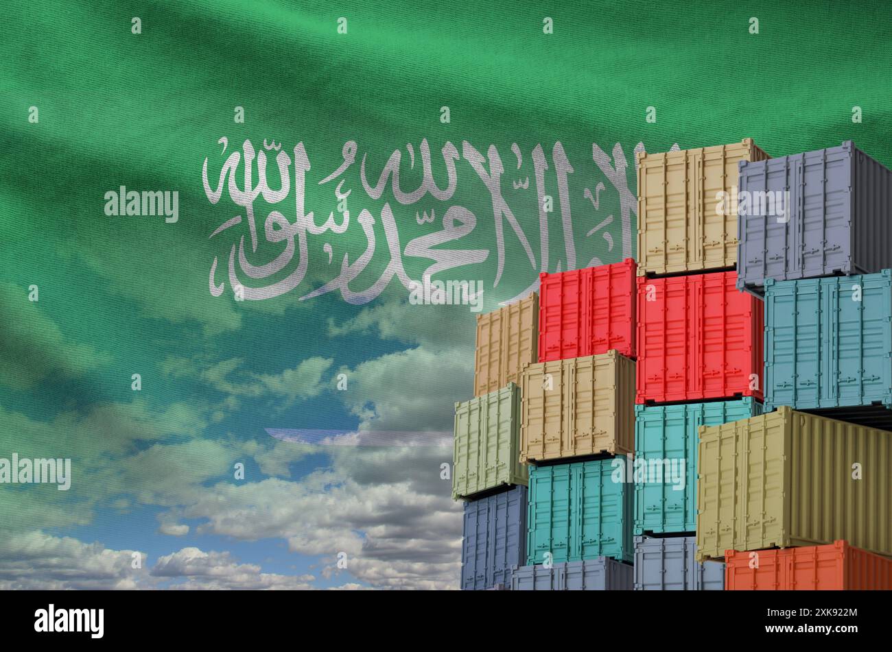 Saudi Arabia flag and big stack of shipping cargo containers in docks ...