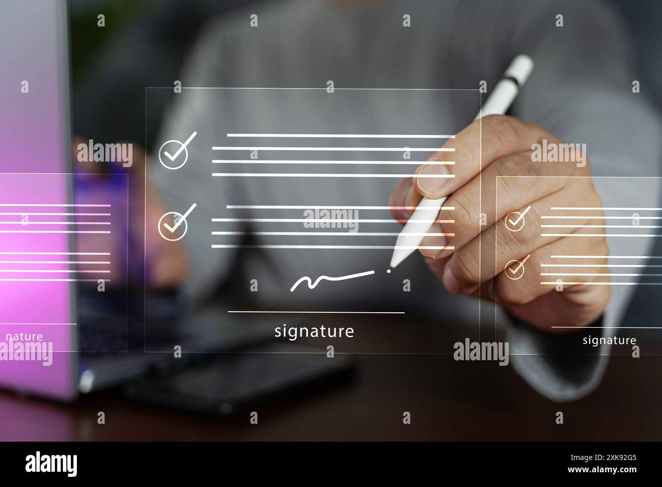 Electronic signature concept, business people sign electronic documents ...