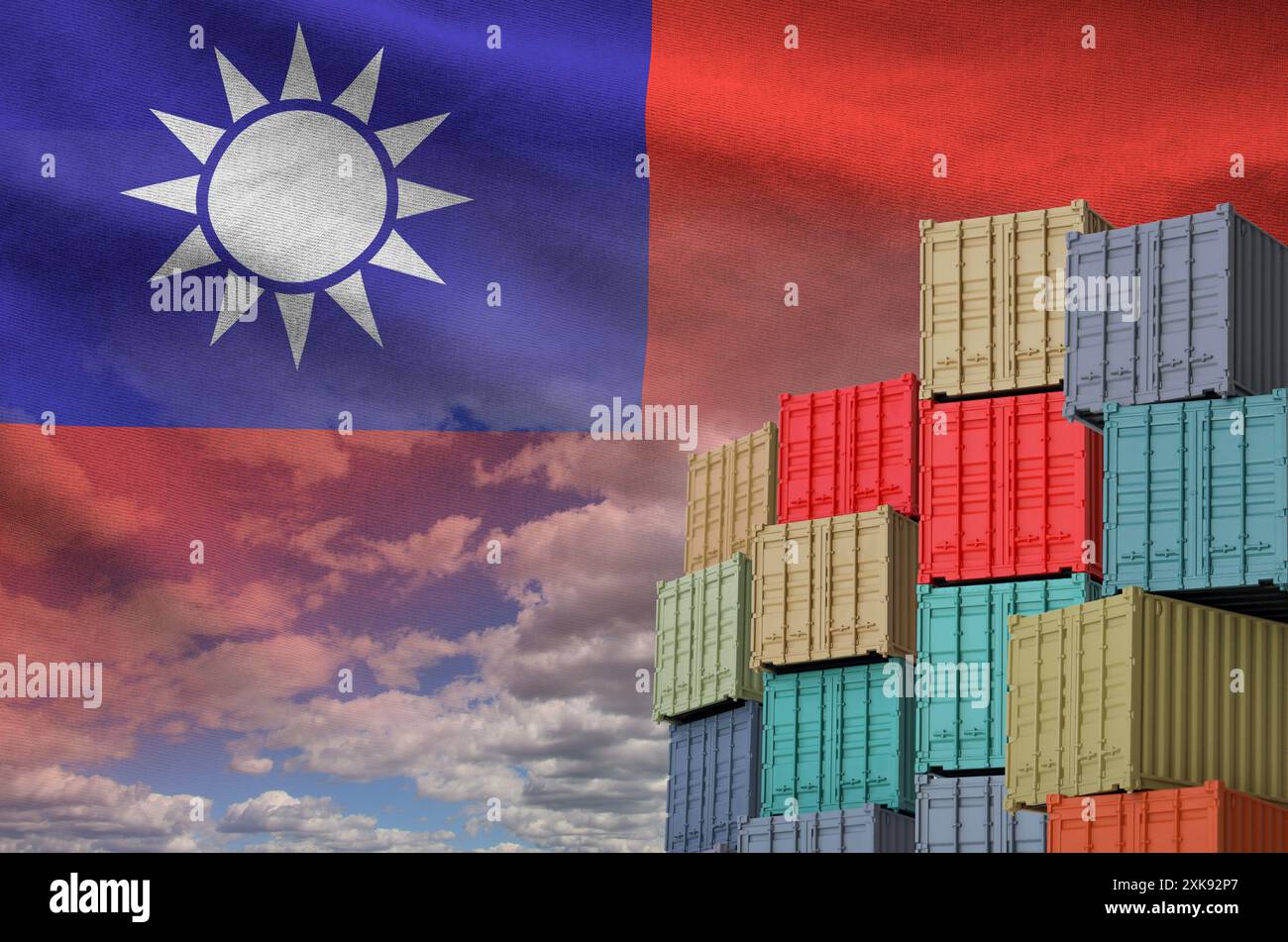 Taiwan flag and big stack of shipping cargo containers in docks with ...