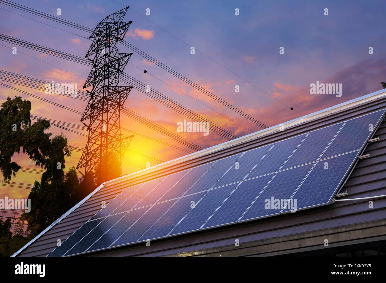 Solar panel on the roof, electrical wires on the rear background ...