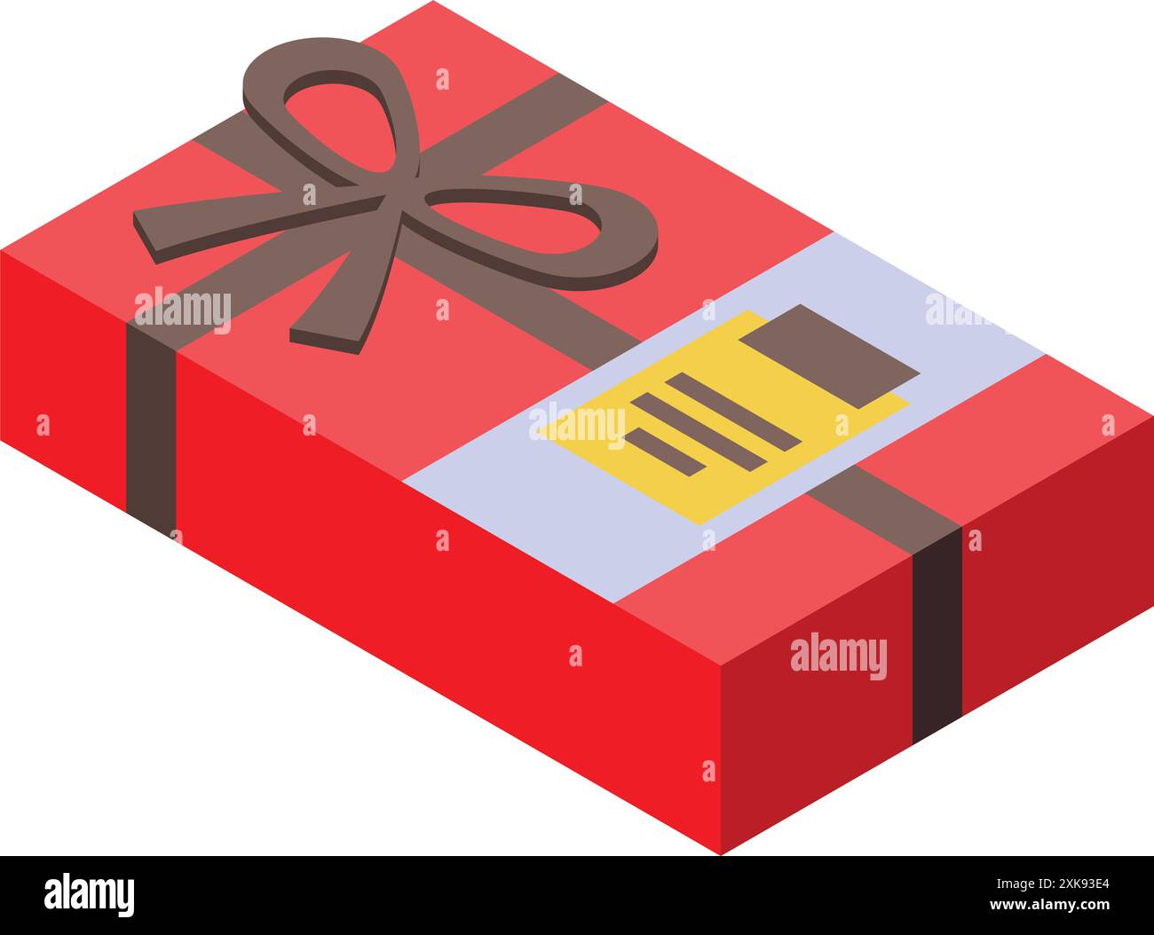 Red gift box wrapped with brown ribbon and label isometric view for ...