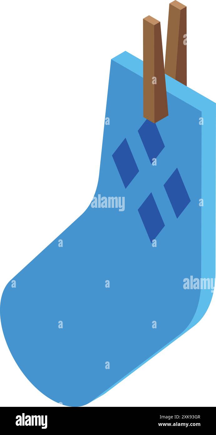 Blue sock hanging on clothesline with clothespins isometric icon ...