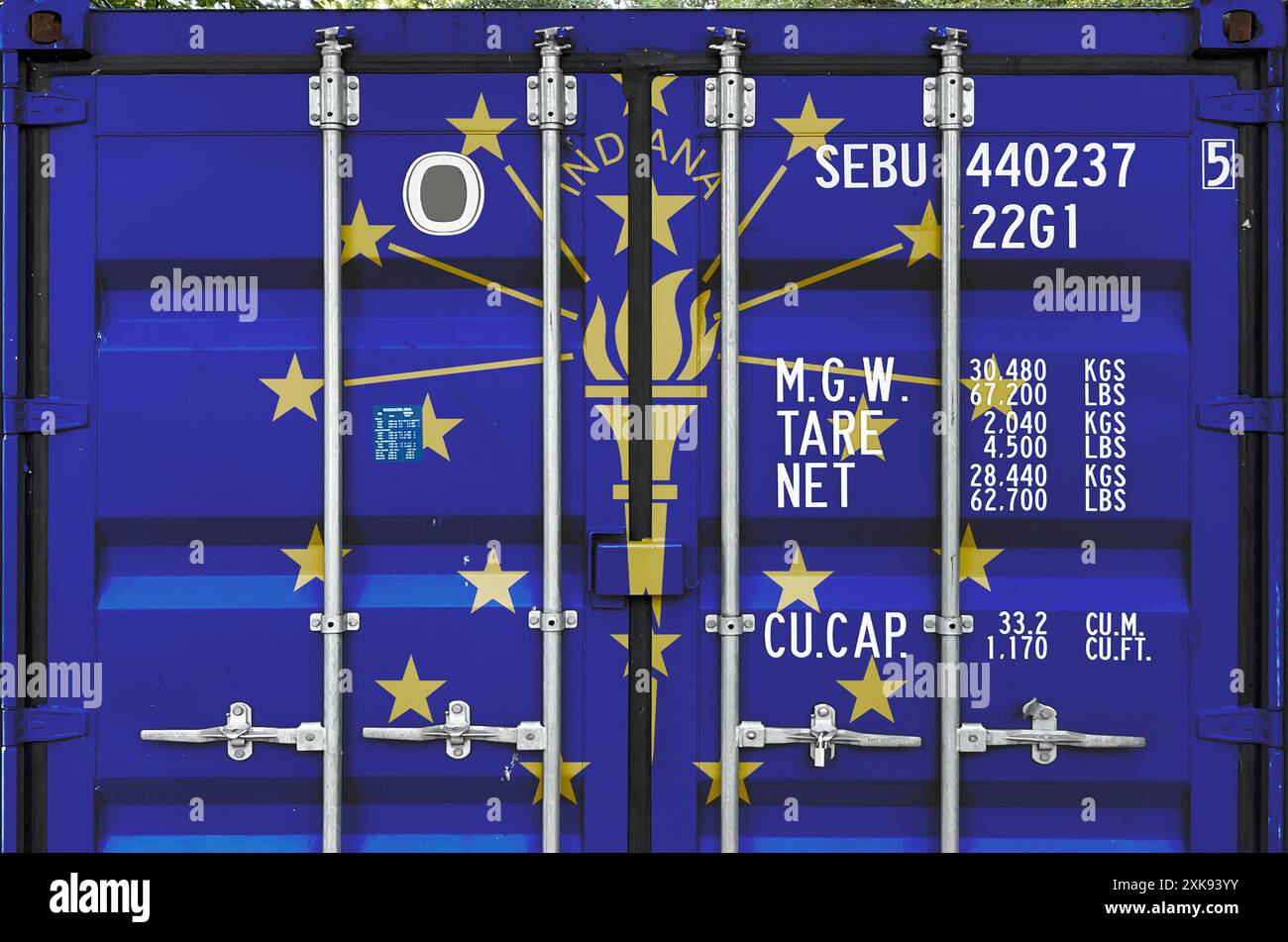 Indiana US state flag depicted on metal doors of shipping cargo ...