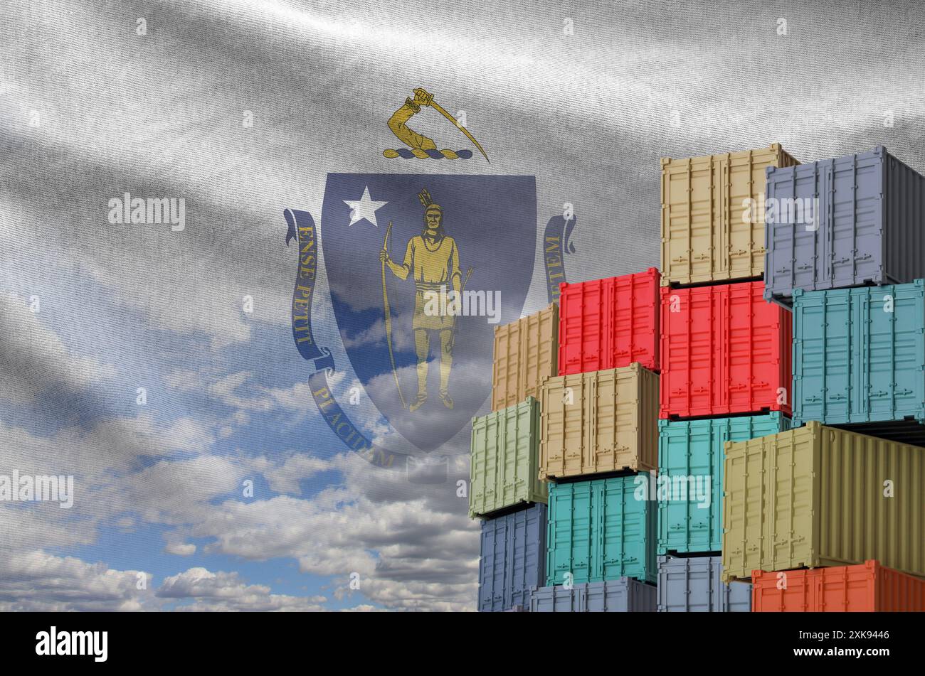Massachusetts US state flag and big stack of shipping cargo containers ...