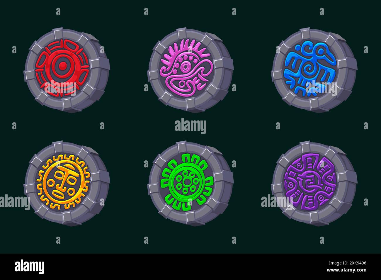 Stone coins or amulets with colored symbols of ancient Aztec ...
