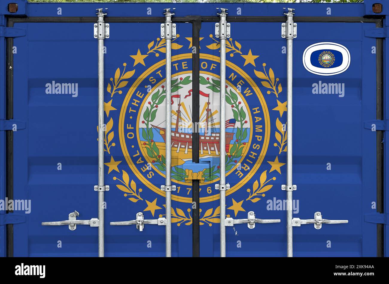 New Hampshire US state flag depicted on metal doors of shipping cargo ...