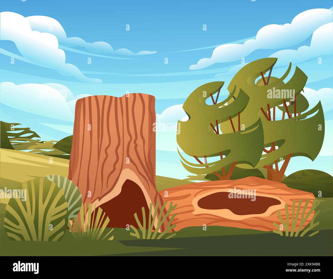 Hollow tree stump vector in a lush grassy area with rolling hills ...