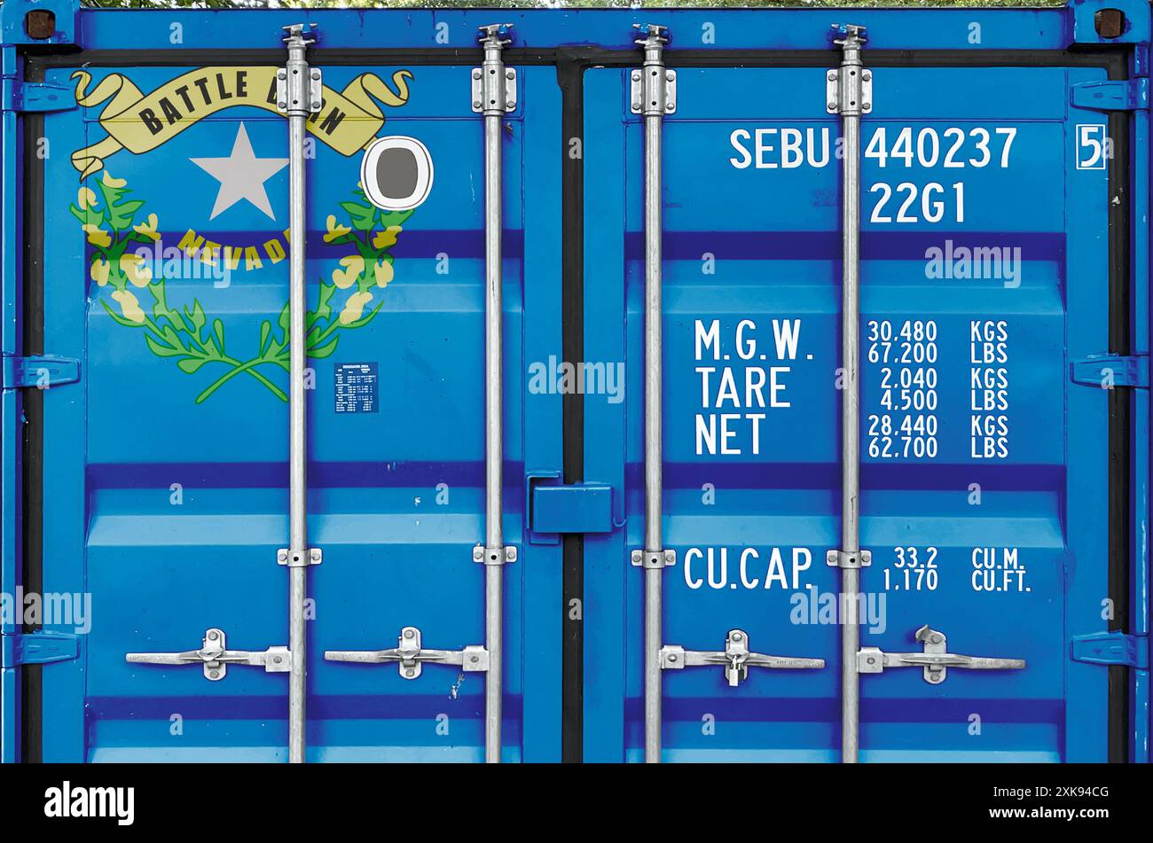 Nevada US state flag depicted on metal doors of shipping cargo ...