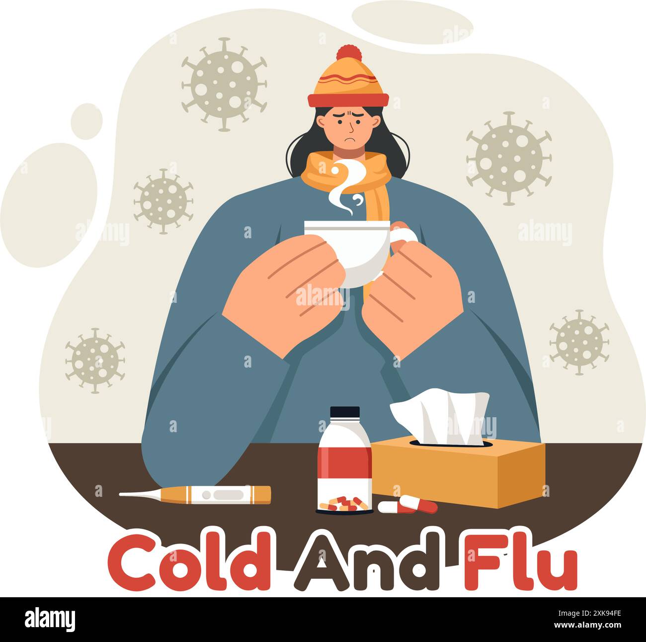 Vector Illustration of Sick People with Flu and Cold Wearing Thick ...