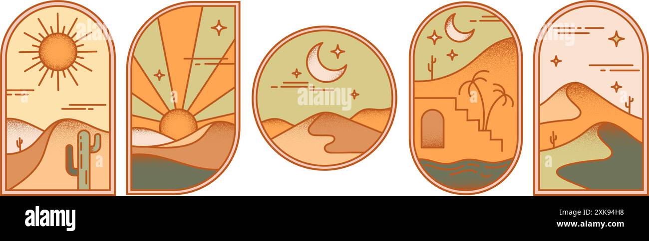 Desert boho logo with sun and mountains. Vector abstract bohemian ...