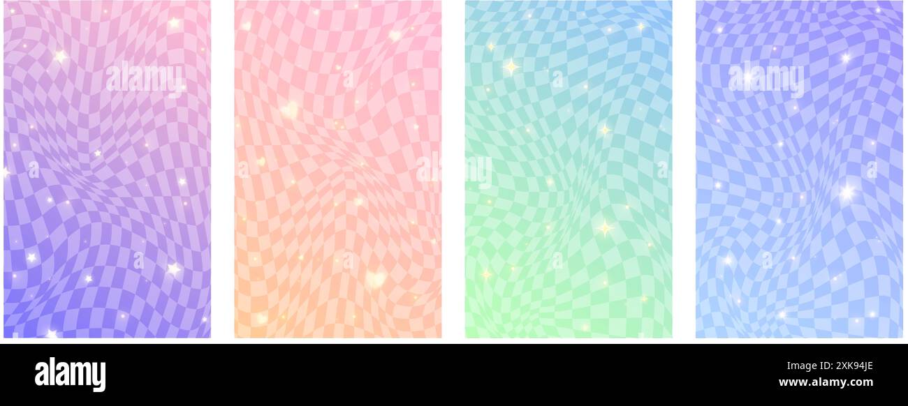 Checkered gradient background with stars. Set of pastel holographic ...